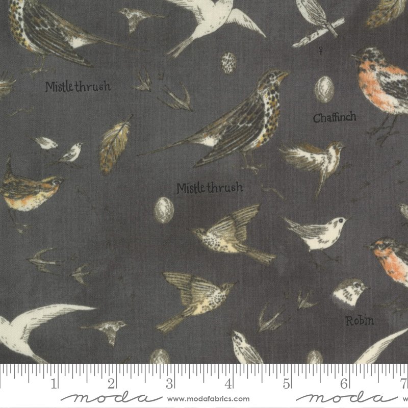 Botanicals - Graphite Birds Nature Fabric - Coast & Country