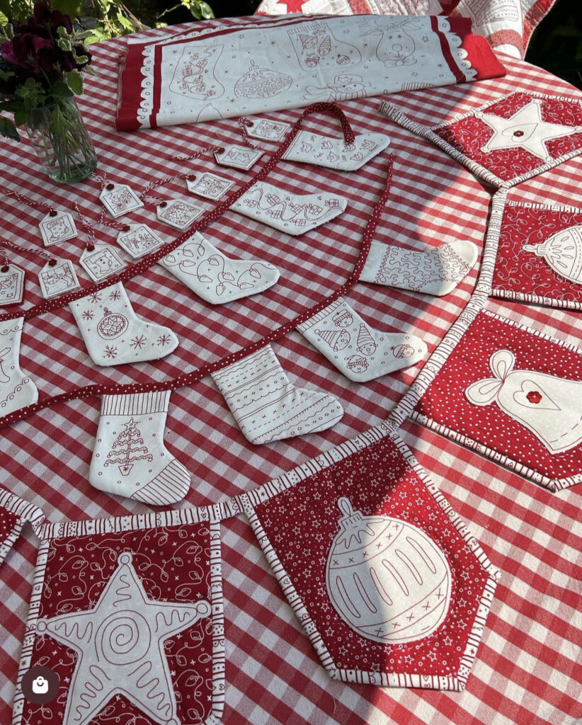 Mandy Shaw's Redwork Christmas Bunting Panel - Coast & Country